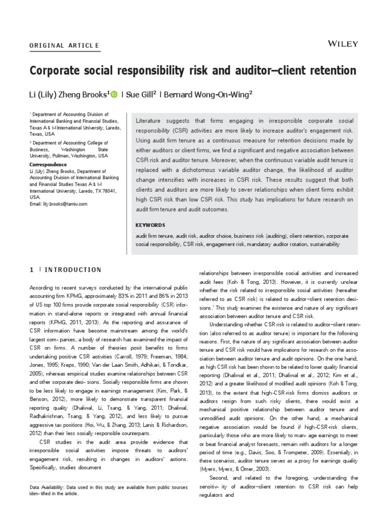 Corporate Social Responsibility Risk and Auditor-Client Retention | PDF ...
