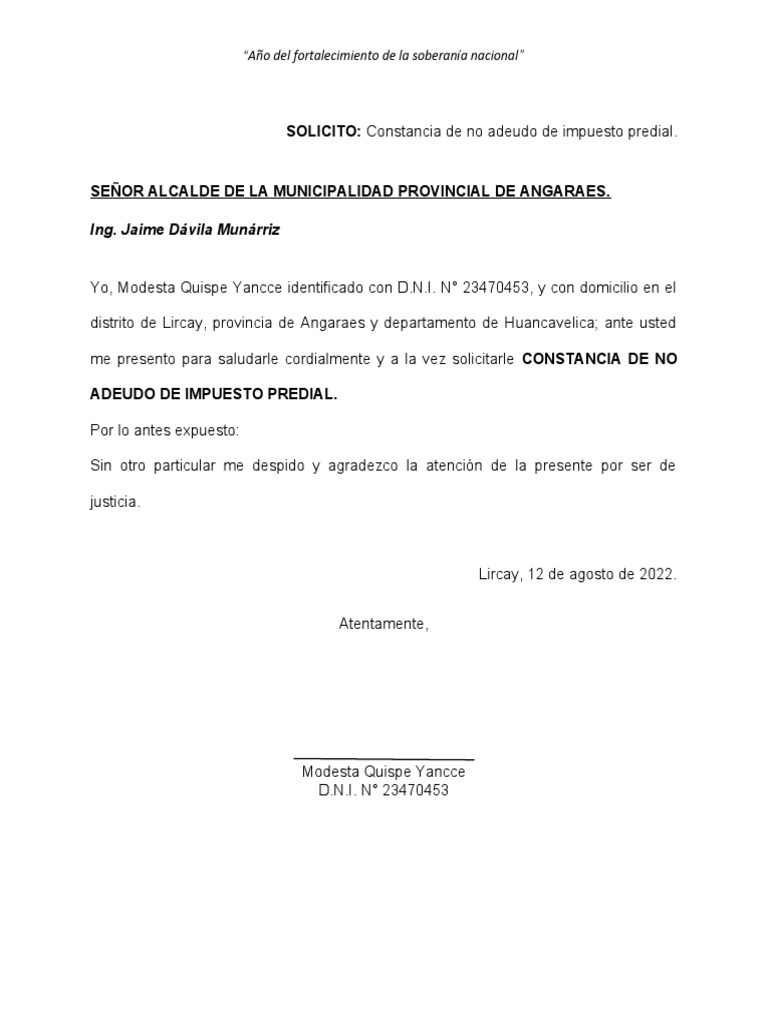 SOLICITO Constancia de No Adeudo de Impuesto Predial | PDF