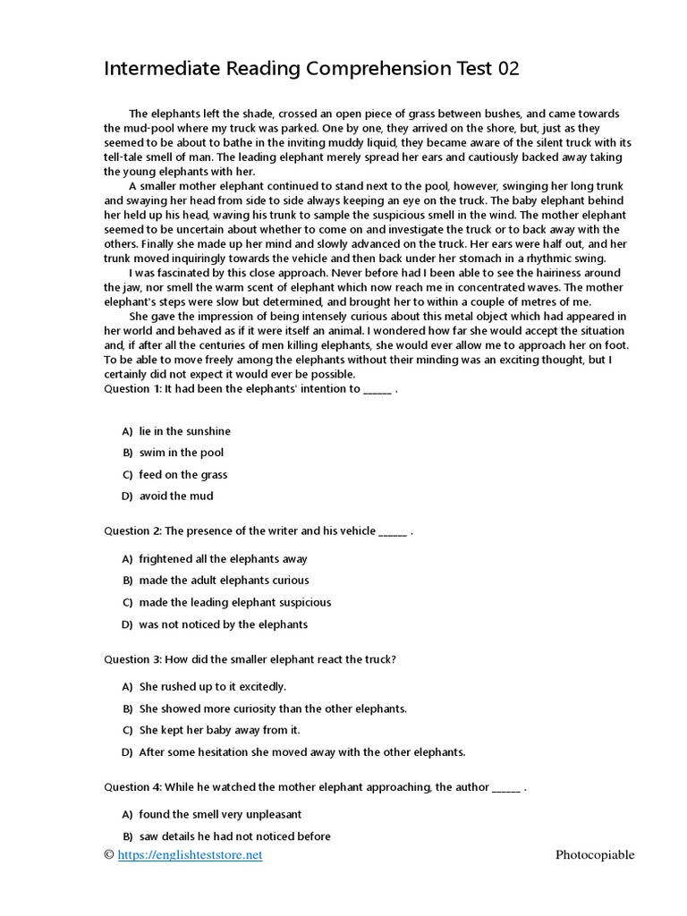 Intermediate Reading Comprehension Test 02 | PDF | Elephant | Cognitive ...