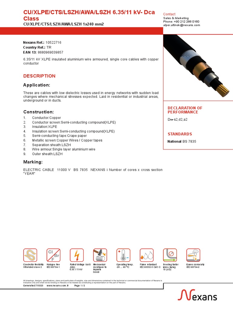 Datasheet Des Câbles MT (6kv) Cu-xlpe-cts-lszh-Awa-lszh 1x240 Mm2 ...