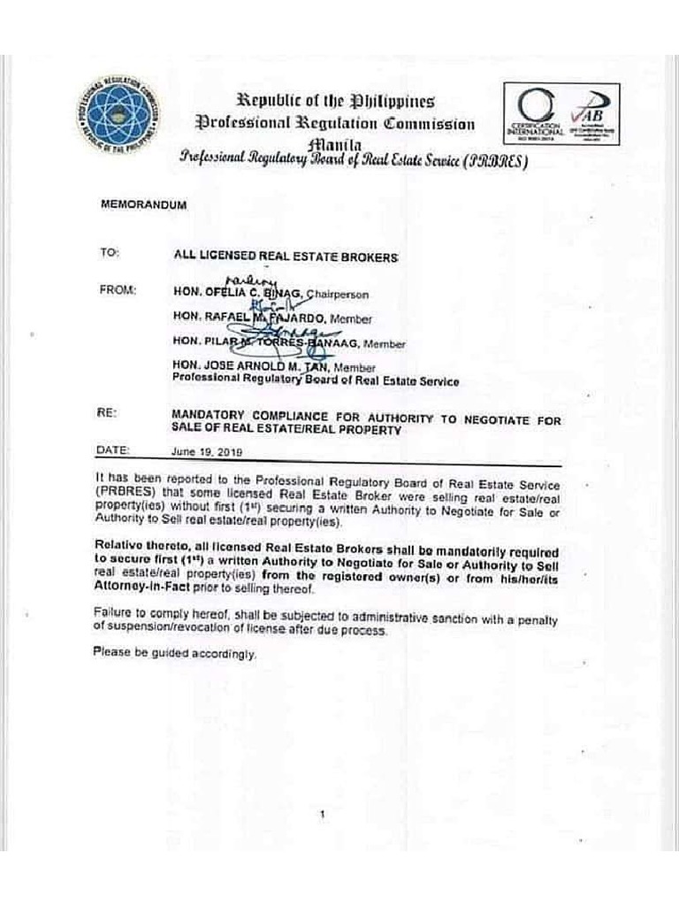 PRBRES Memo - Authority To Sell (REB) | PDF