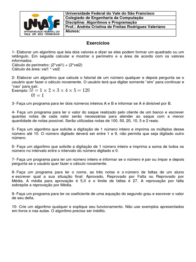 Exercício Visualg 2013.2 | PDF | Métodos e Materiais de Ensino ...