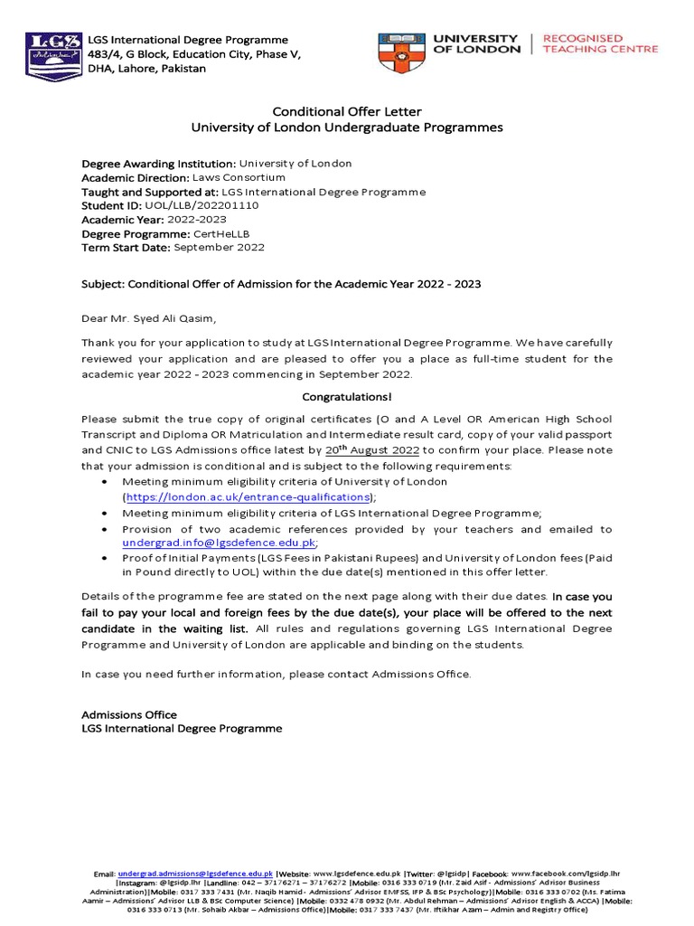 Conditional Offer Letter - Mr. Syed Ali - LGSiDP - Class of 2025 | PDF ...