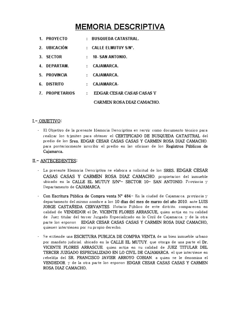 Memoria Descriptiva - Mutuy-Busqueda Catastral | PDF