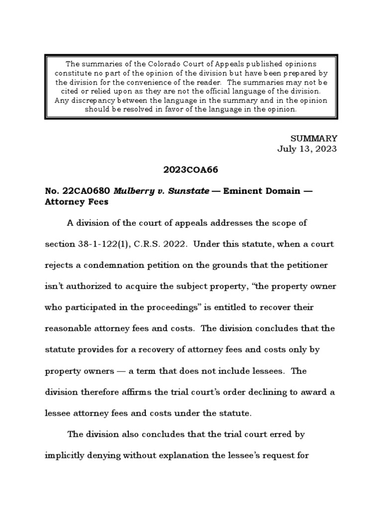 Mulberry v. Sunstate: Eminent Domain Fees | PDF | Law