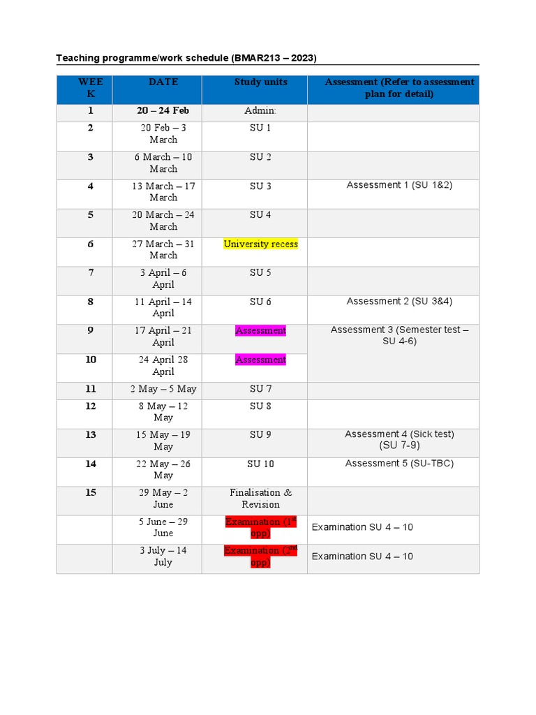 BMAR213 Teaching Schedule 2023 | PDF