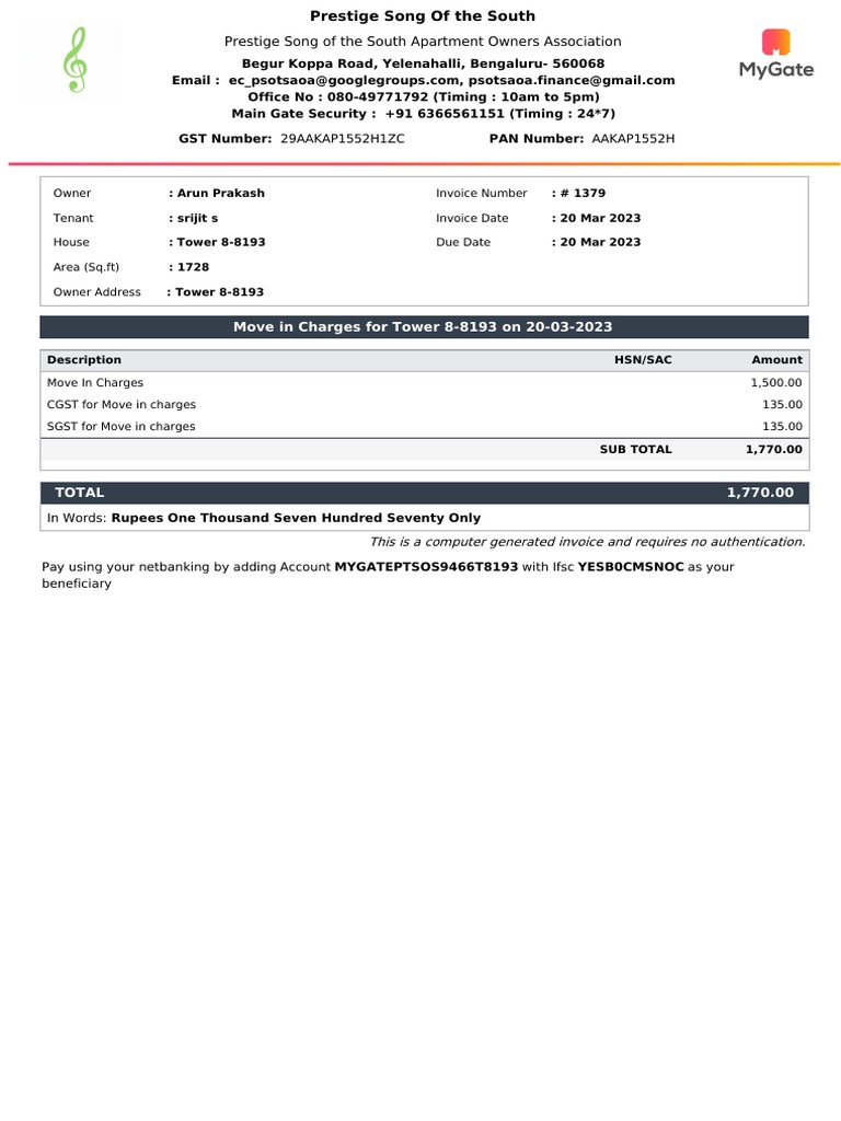 MyGate Invoice for Move-In Charges | PDF