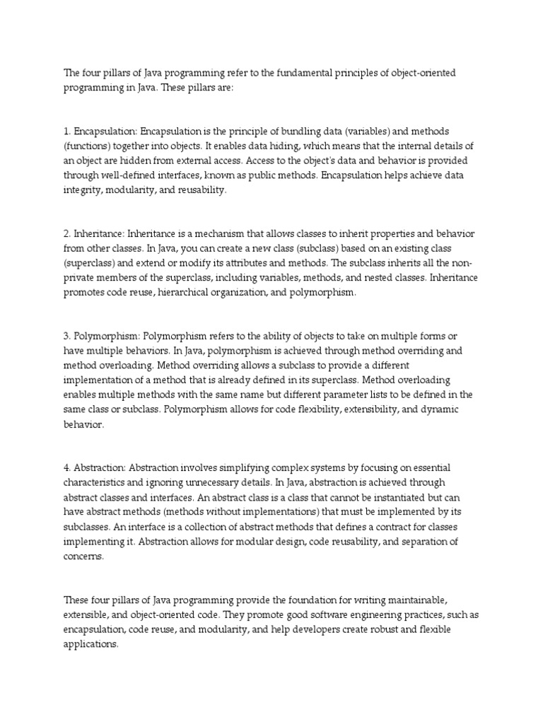 The Four Pillars Of Java Programming Refer To The Fundamental Principles Of Object Pdf