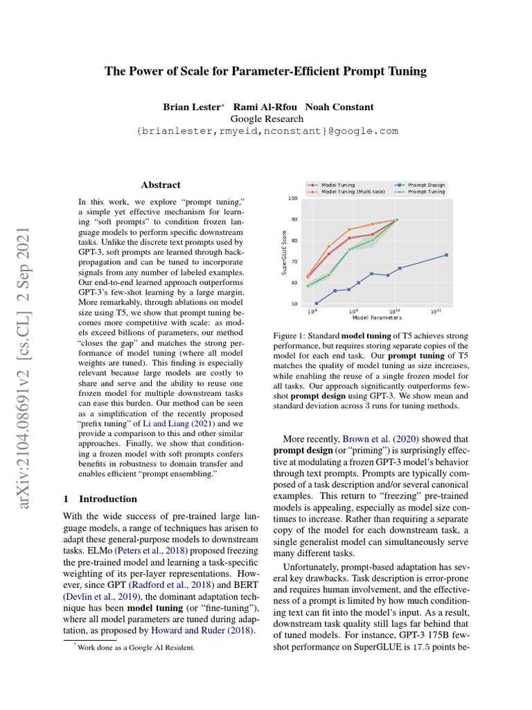 The Power of Scale For Parameter-Efficient Prompt Tuning | PDF | Machine Learning | Learning