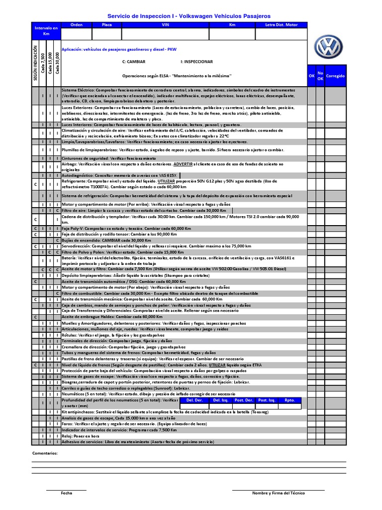 Checklist de Mantenimiento VW Pasajeros | PDF | Ingeniería mecánica ...