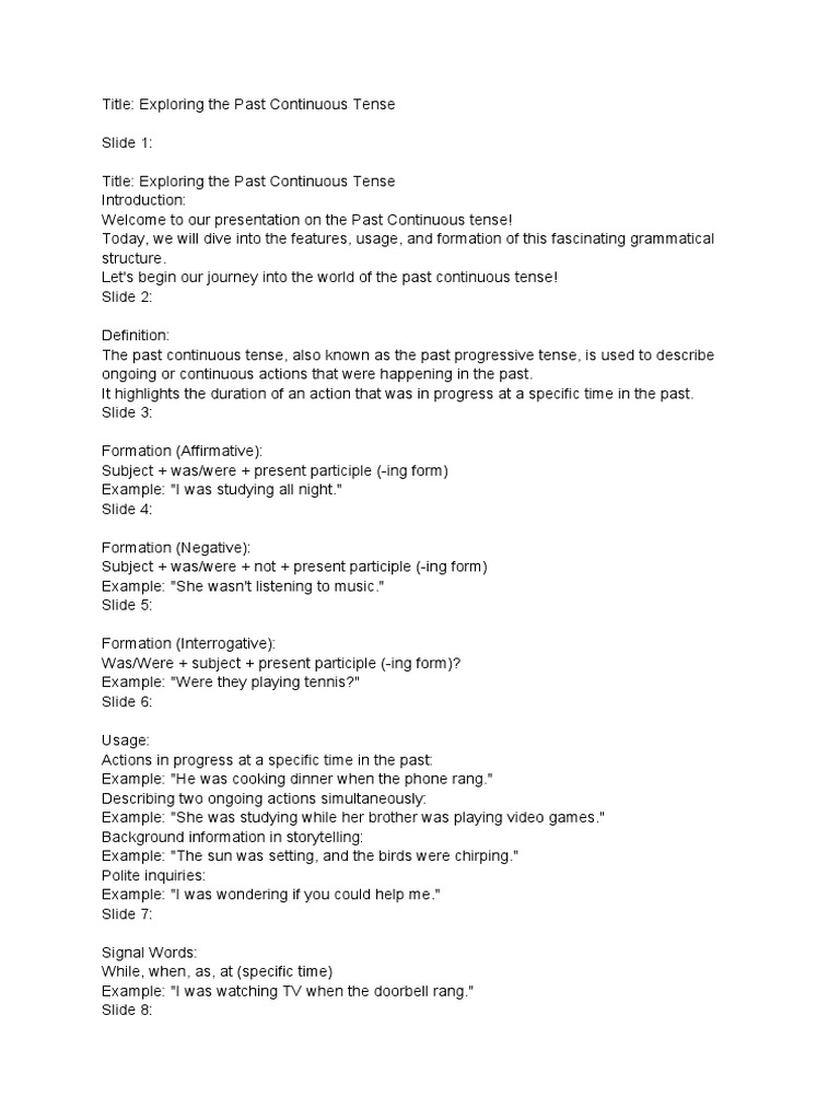 Past Continuous Presentation | PDF | Grammatical Tense | Verb
