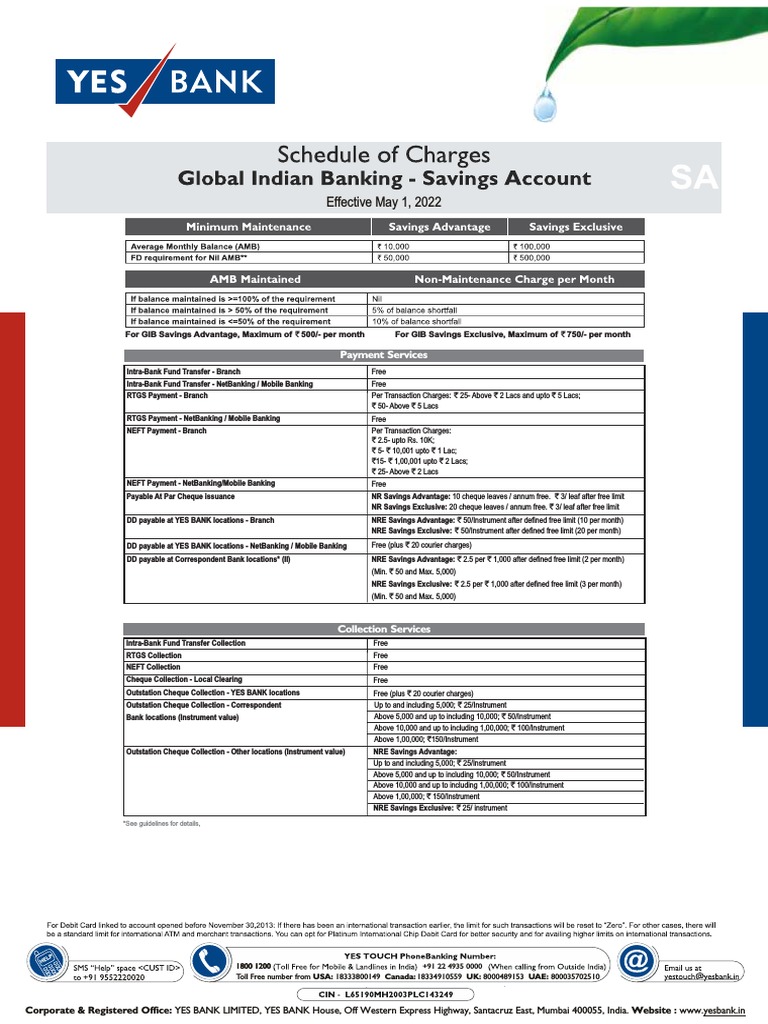 Yes Bank NRE Account Charges Overview | PDF | Debit Card | Banks