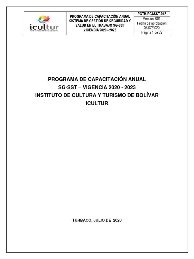 Programa de Capacitacion SST 2020 2023 Icultur | PDF | Tecnología | Negocios