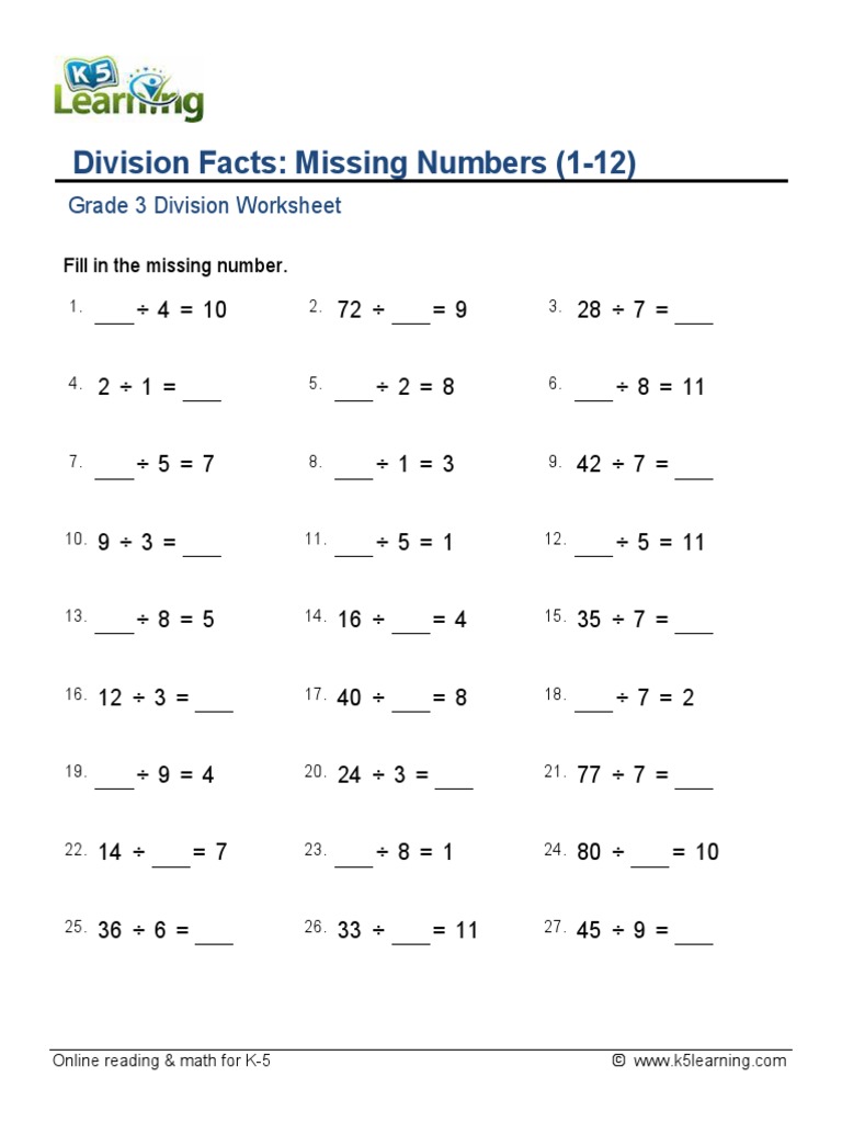 Worksheetsmathgrade 3 Division Facts Missing Number 1 12 D PDF | PDF