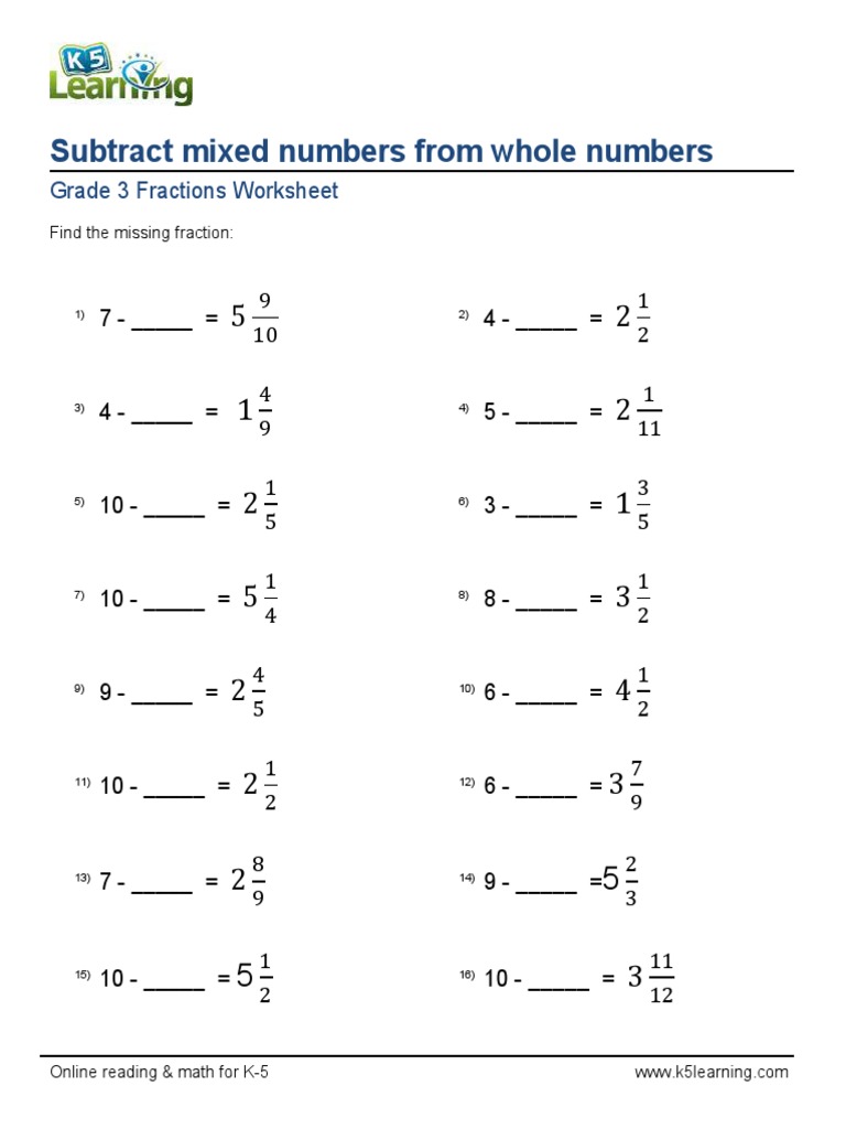 Worksheetsmathgrade 3 Subtracting Mixed Numbers From Whole Numbers F ...