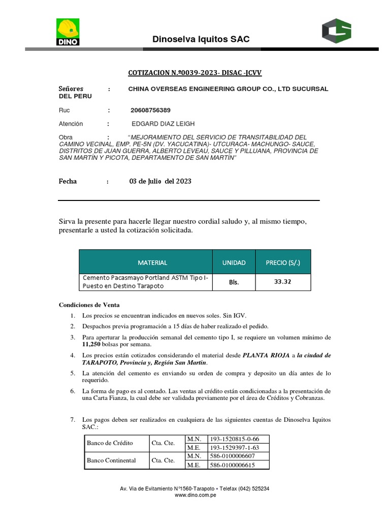 Cotizacion Cemento DISAC - CEMENTOS PACASMAYO - 2023 - 39 CHINA ...