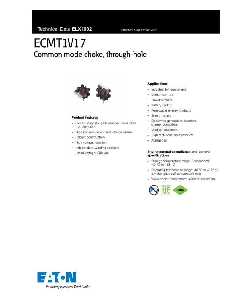 Eaton Ecmt1v17 Common Mode Inductor THT Data Sheet Elx1092 en | PDF ...