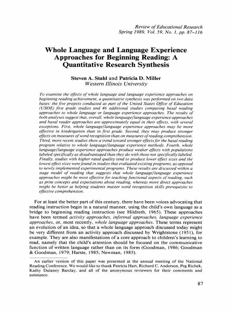 Stahl Miller 1989 Whole Language and Language Experience Approaches For ...