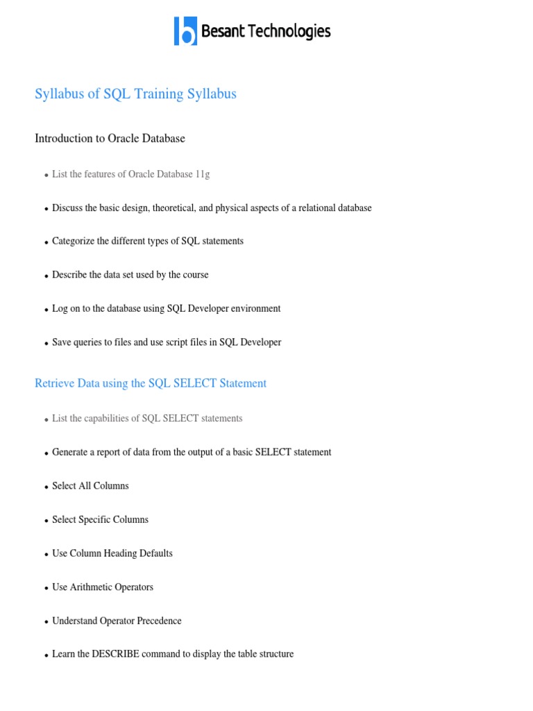 SQL Syllabus | PDF | Database Index | Sql SQL Syllabus | PDF | Database Index | Sql