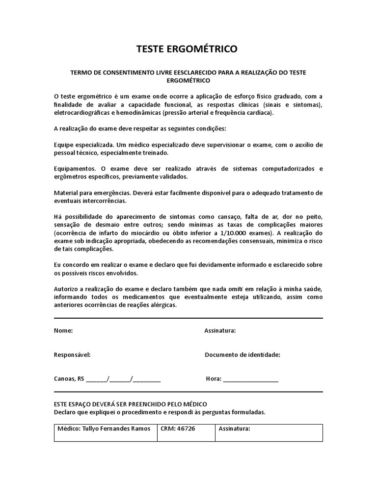 Teste Ergométrico - Termo de Consentimento | PDF