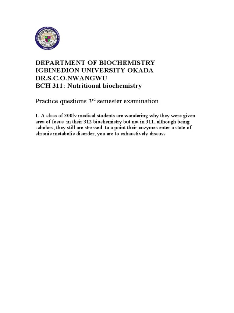 Dr.S.C.O.Nwangwu BCH 311 Practice Questions | PDF