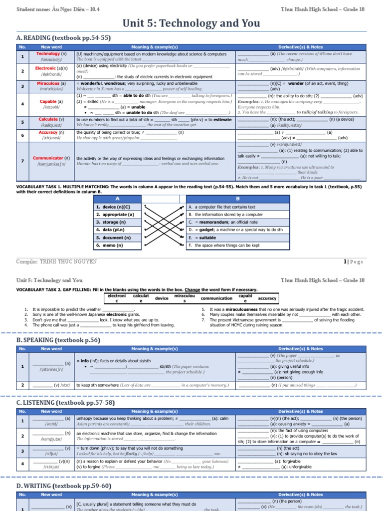 Unit 5: Technology and You: A. READING (Textbook pp.54-55) | PDF ...