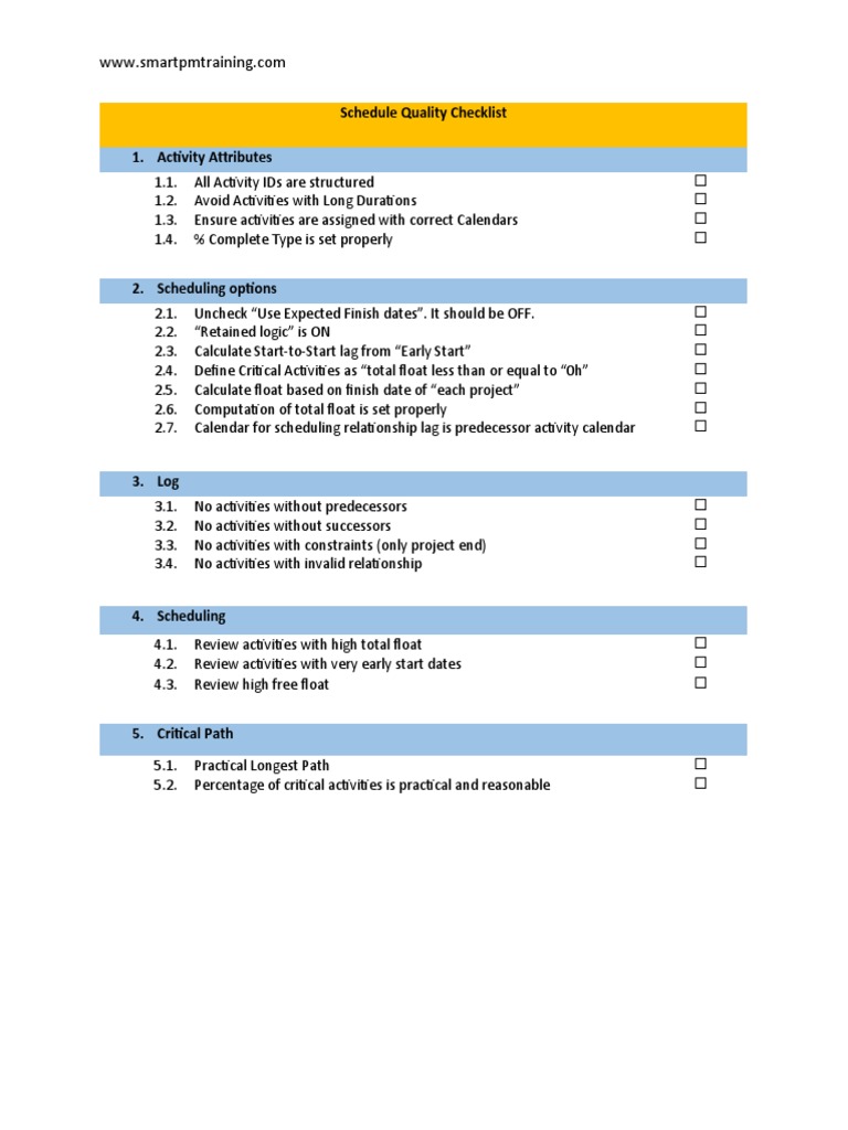 Quality Checklist for Project Scheduling | PDF