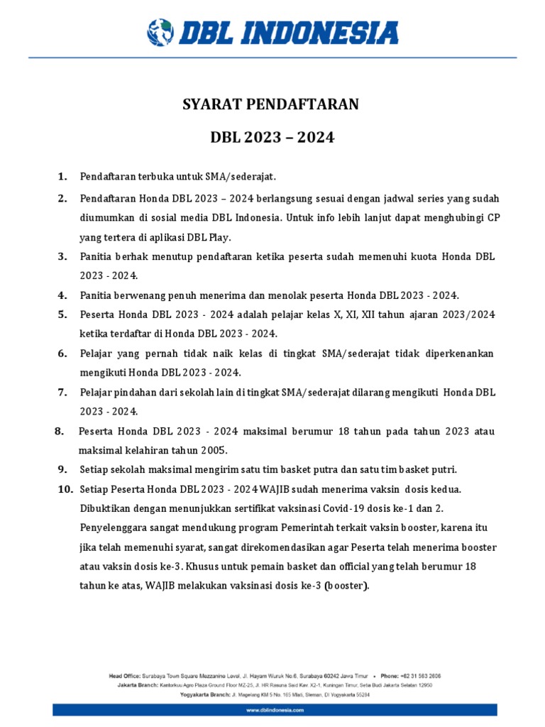 Syarat Pendaftaran DBL 2023-2024 | PDF