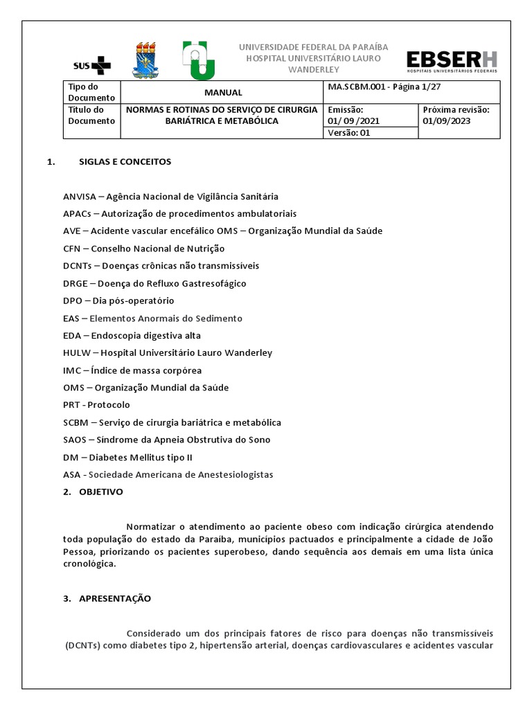Protocolo HULW BARIATRICA | PDF | Obesidade | Cirurgia bariátrica