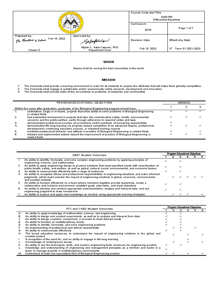 Math156 Revised 2022 Syllabusbe Blendedj Sa Fo Ub Fo Pdf Differential Equations