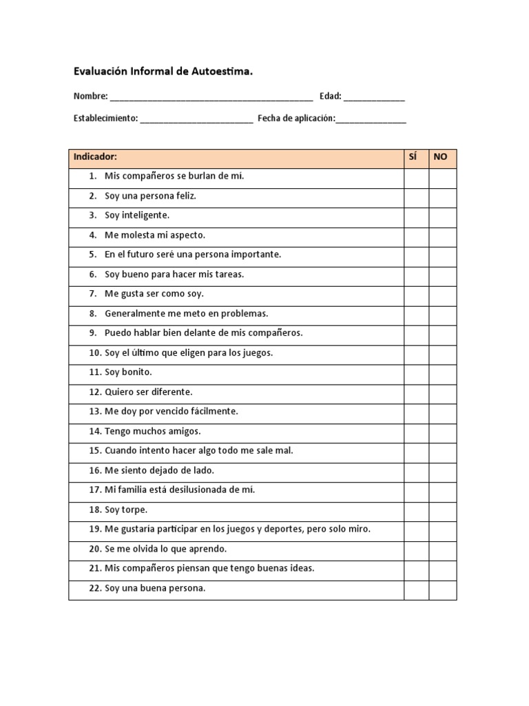 Test de Autoestima Escolar Informal. | PDF | Autoestima