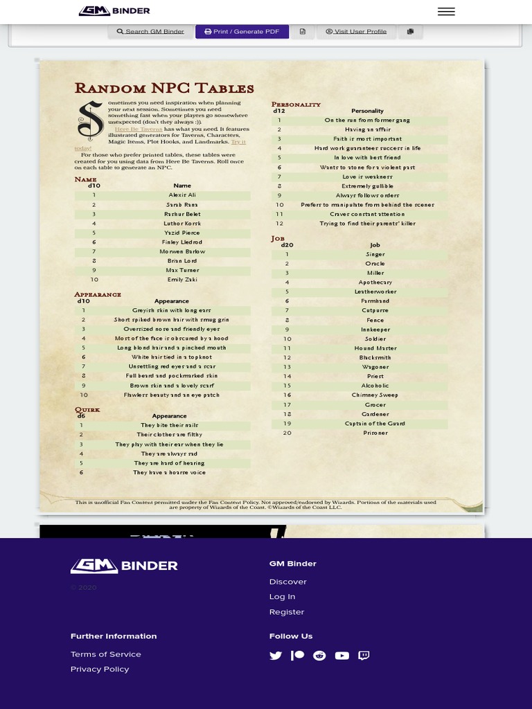 Random NPC Tables GM Binder | PDF