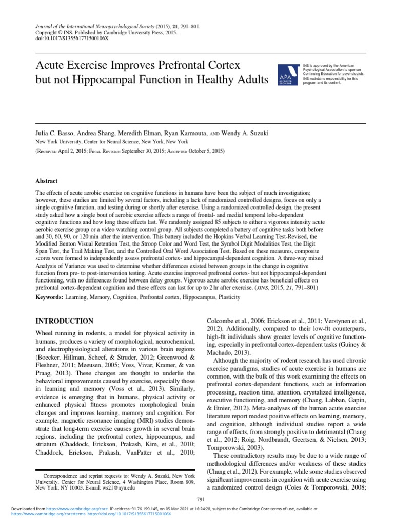 Acute Exercise Improves Prefrontal Cortex But Not Hippocampal Function ...