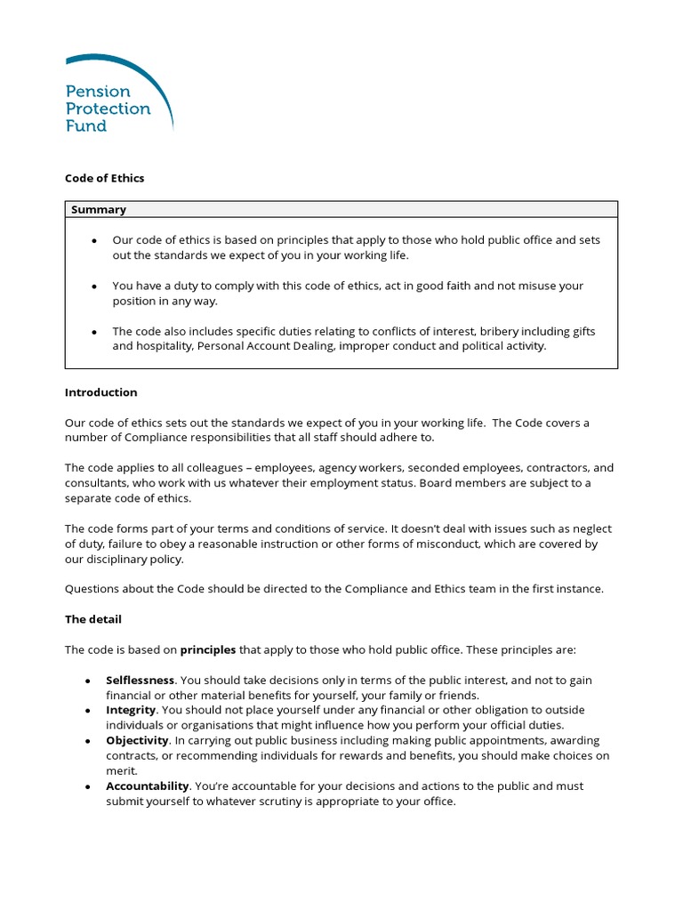 PPF Code of Ethics Policy | PDF | Conflict Of Interest | Bribery