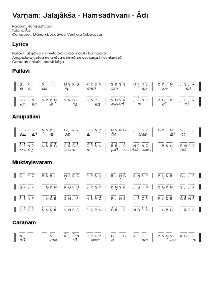 Hamsadhwani Varnam | PDF
