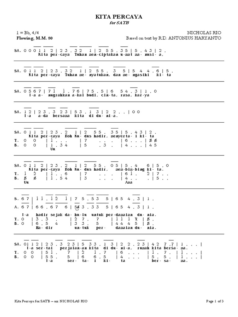 Kita Percaya - Nicholas Rio (Notasi Angka SATB) | PDF