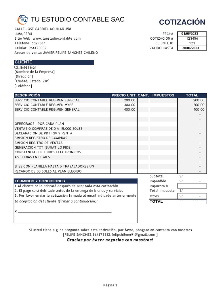 Cotizacion-Planes - Tu Estudio Contable Sac | PDF | Economias | Industrias de servicio