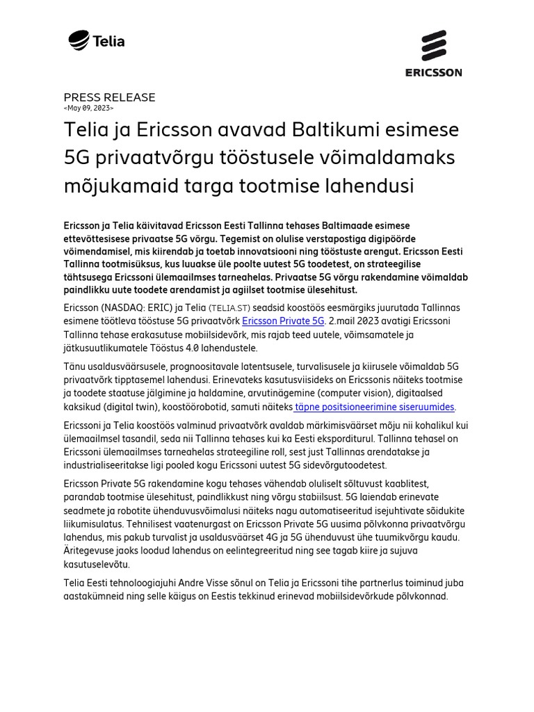 Press Release Telia and Ericsson Switch On Private 5g Network in Tallinn Et | PDF
