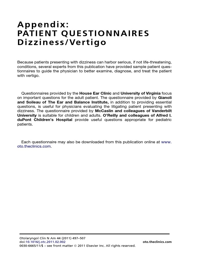Patient Questionnarie-Dizzinee:vertigo | PDF | Vertigo | Epidemiology