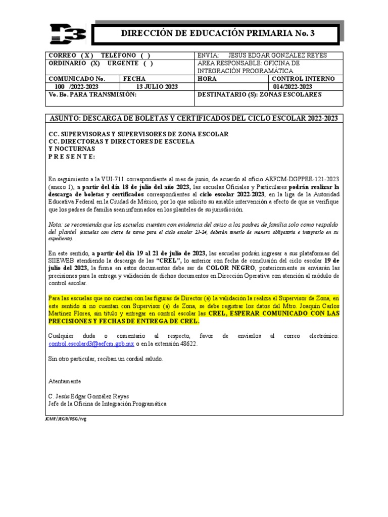 Comunicado 100 - Julio 2023. Descarga Boletas y Certificados 2023 | PDF