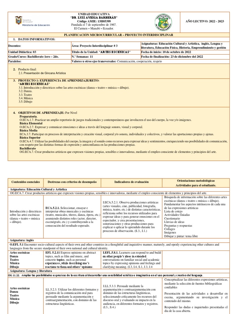 Planificacion Proyecto Interdisciplinar # 3 | PDF | Bailes | Teatro