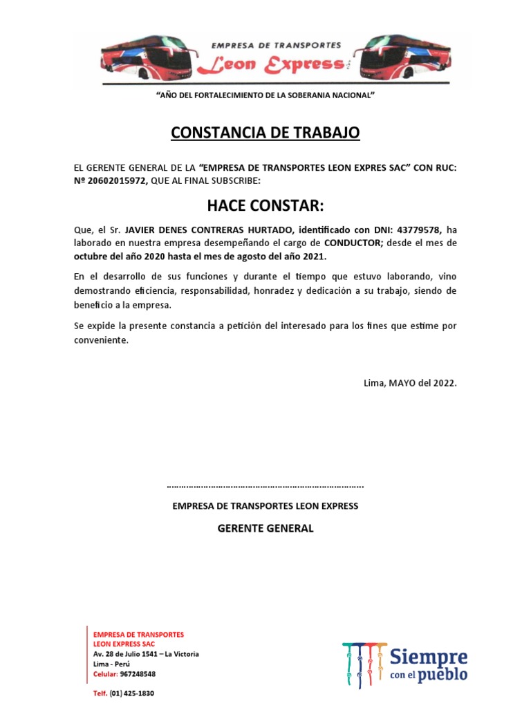 Constancia de Trabajo - Leon Express SAC | PDF