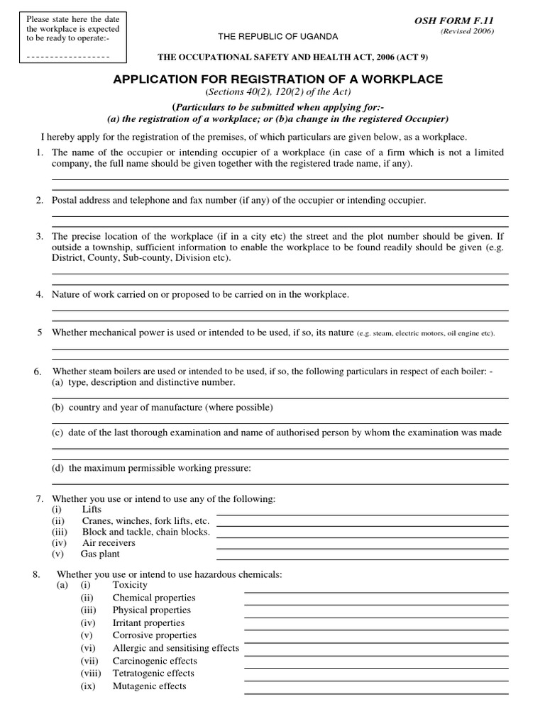 Form F.11 Registration of Workplaces (Form) | PDF | Occupational Safety ...