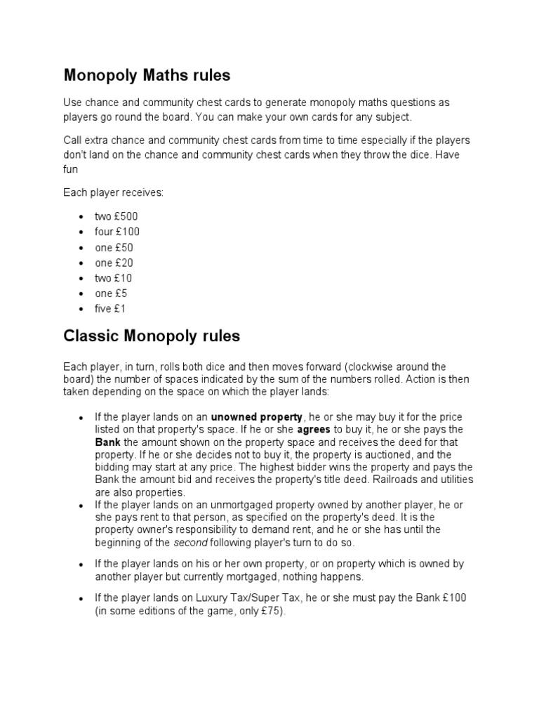 Monopoly Math Game Rules | PDF | Economies | Money