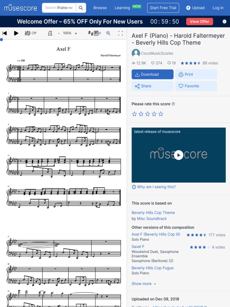Axel F (Piano) - Harold Faltermeyer - Beverly Hills Cop Theme Sheet ...