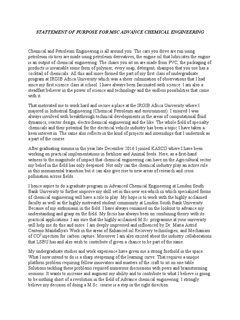 MSc in Advanced Chemical Engineering Statement | PDF | Engineering ...