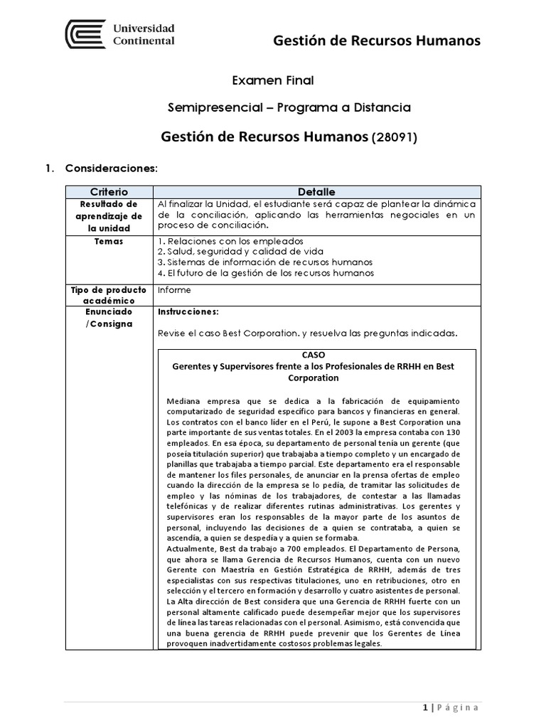 Evaluación Final GRH 28091 | PDF | Gestión de recursos humanos