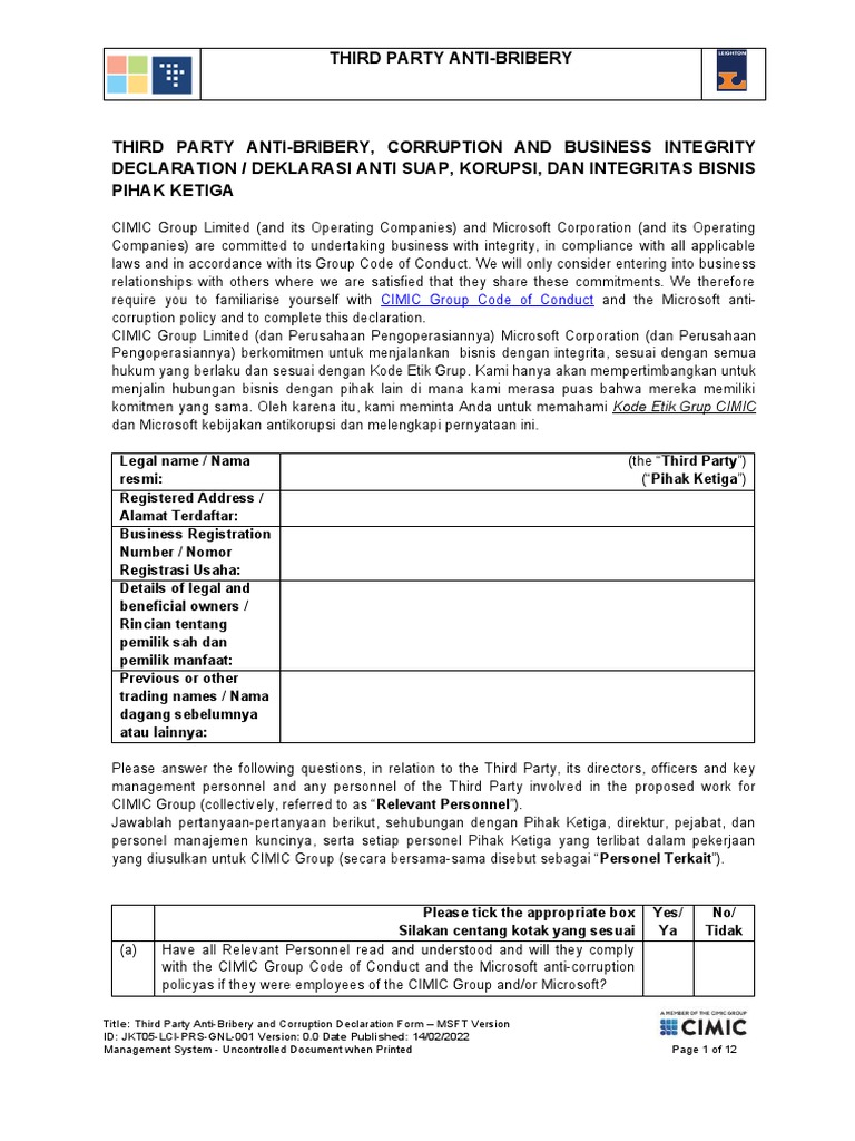 Jkt05 Lci Prs Gnl 001 Abac Declaration | PDF | Bribery | Business