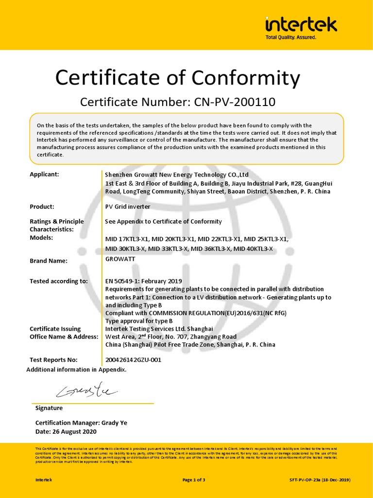 Certificate EN 50549 1 Growatt MID 25 40KTL3 X | PDF | Electric Power ...