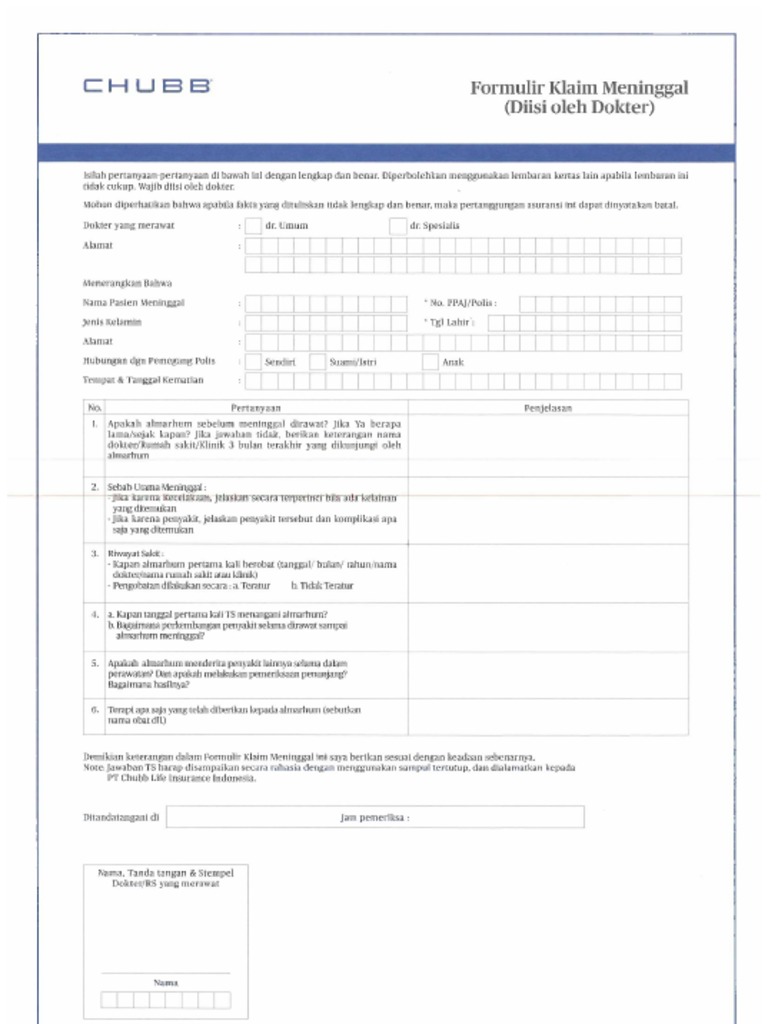 Formulir Klaim Meninggal-Chubb | PDF